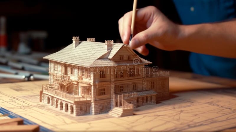 Building House on Blueprints with Worker - Construction Project ...