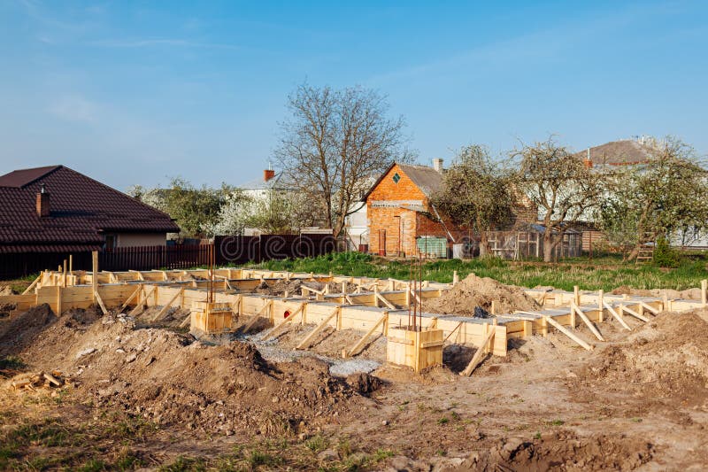 Building House. Concrete Foundation Surrounded with Wooden Decking is ...