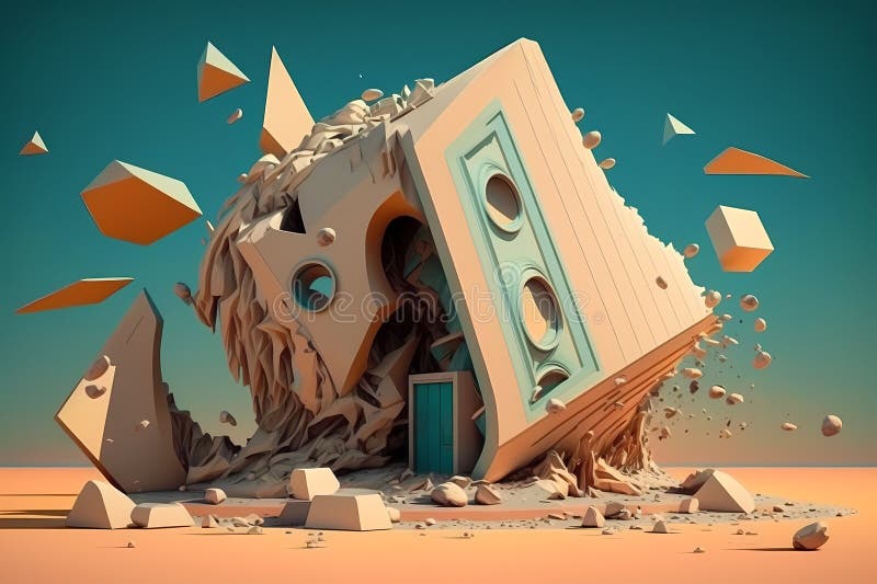 Building House Falling Apart or Exploding in Dessert Abstract Art ...
