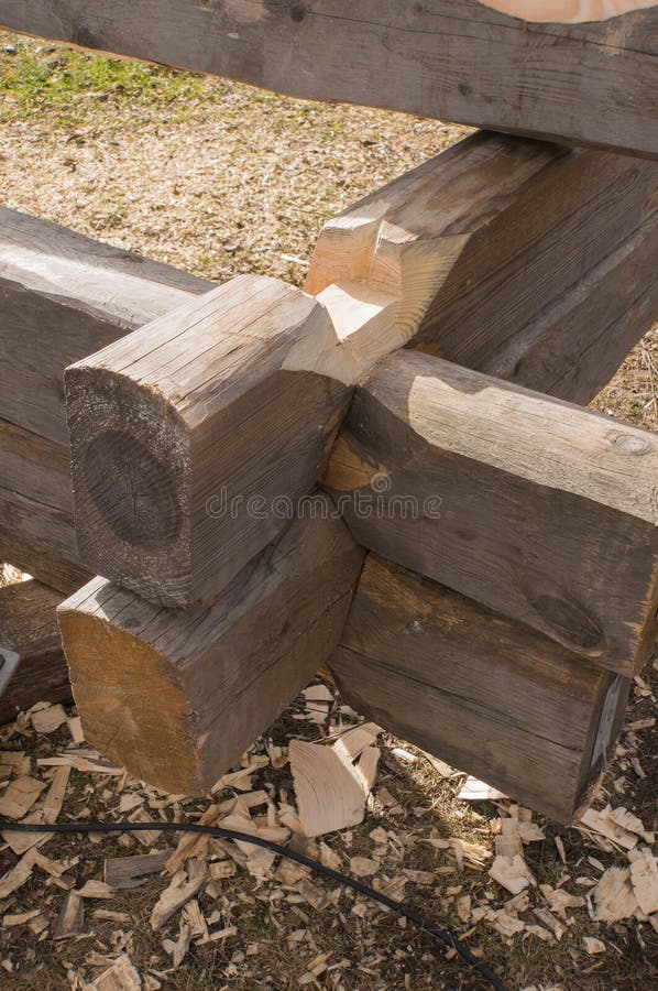 Building House in Old Technology Using Knot Timber Stock Photo - Image ...
