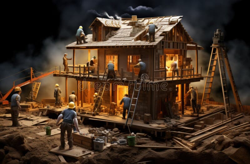 Building House on with Worker, Construction Model Stock Illustration ...