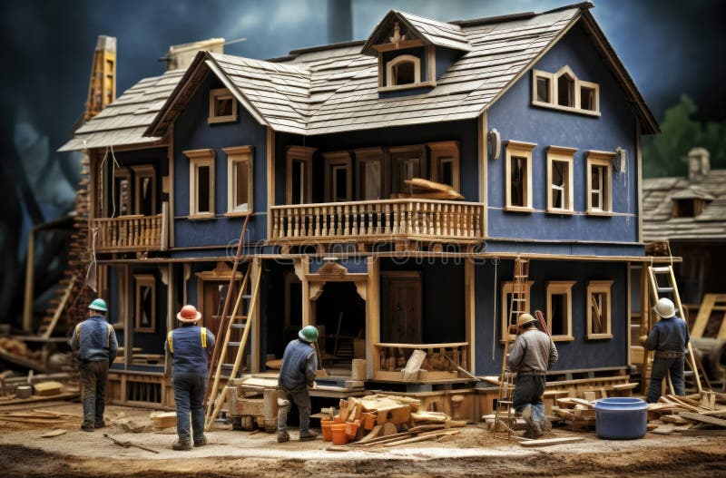 Building House on with Worker, Construction Model Stock Illustration ...