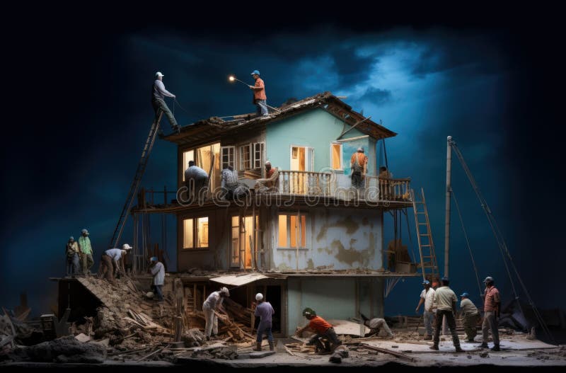 Building House on with Worker, Construction Model Stock Illustration ...