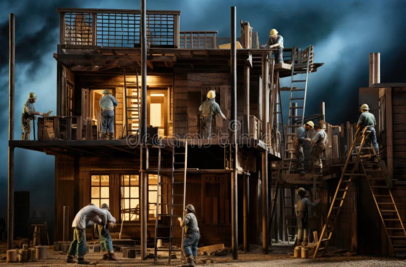 Building House on with Worker, Construction Model Stock Illustration ...