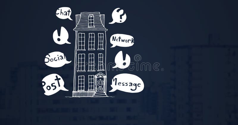 Building Icon with Multiple Business Concept Texts Against Tall ...