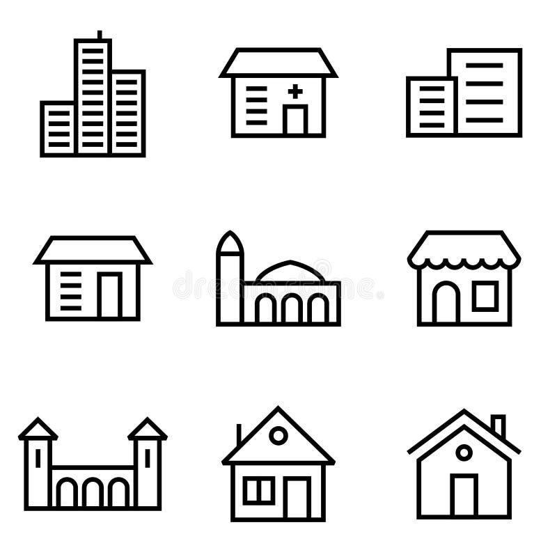 Building Icon Set Lined Simple Flat Style Illustration Stock Vector ...