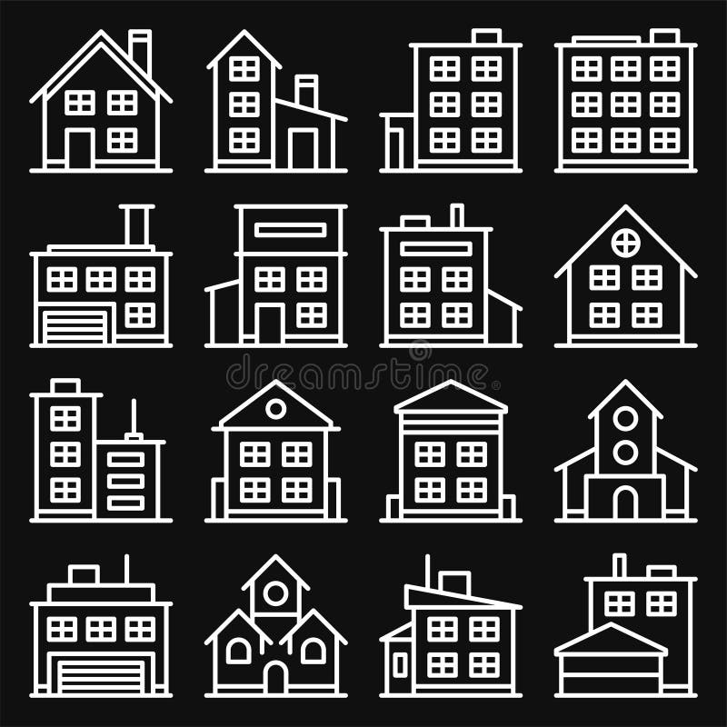 Building Icons Set on Black Background. Line Style Vector Stock ...