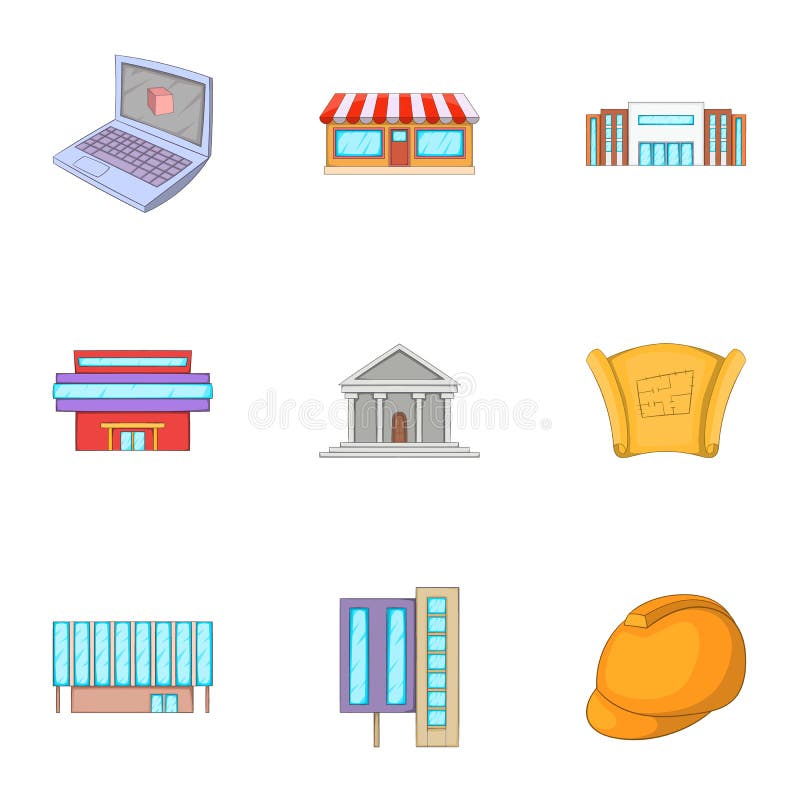 Building Icons Set, Cartoon Style Stock Vector - Illustration of ...