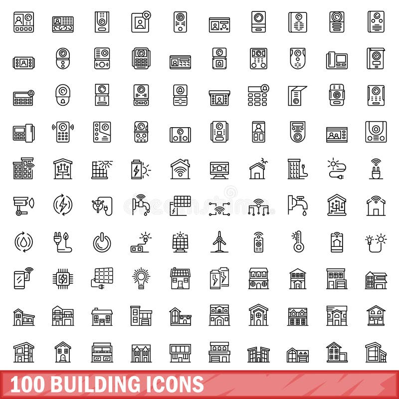 100 Building Icons Set, Outline Style Stock Vector - Illustration of ...