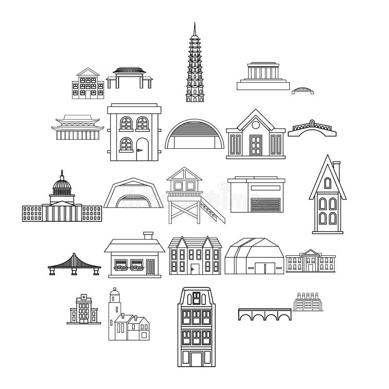 Building Icons Set, Outline Style Stock Vector - Illustration of ...