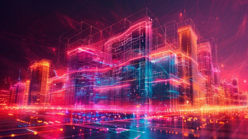 The Building is Illuminated in Neon . Urban Abstract Landscape of ...