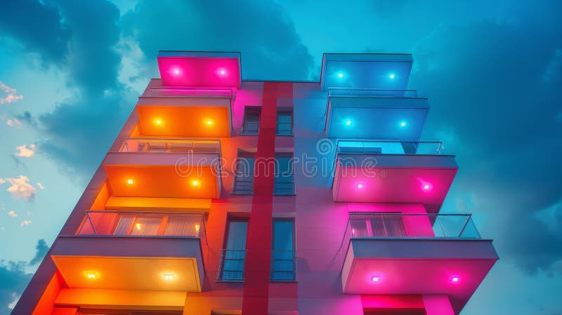 The Building is Illuminated in Neon . Urban Abstract Landscape of ...