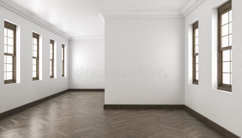 Building Interior with Chevron Parquet and Single Hung Windows Stock ...