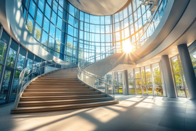 Building Interior with Spiral Staircase and Large Windows Stock Photo ...