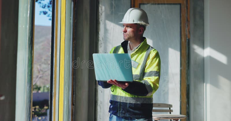 Building, Laptop and Architecture with Man on Construction Site for ...