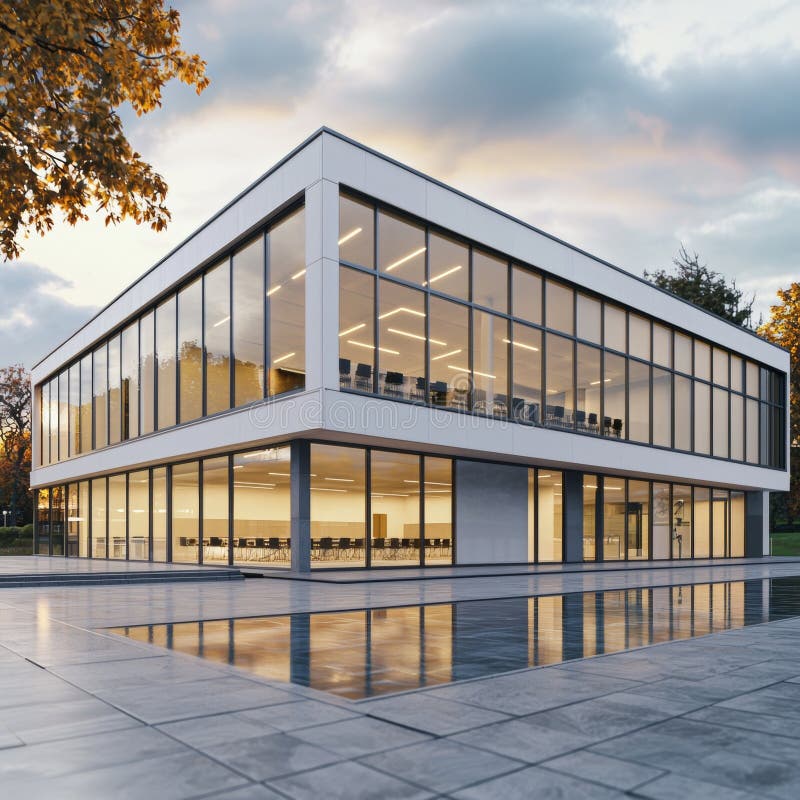 Building with Large Glass Windows and Illuminated Interiors at Dusk ...
