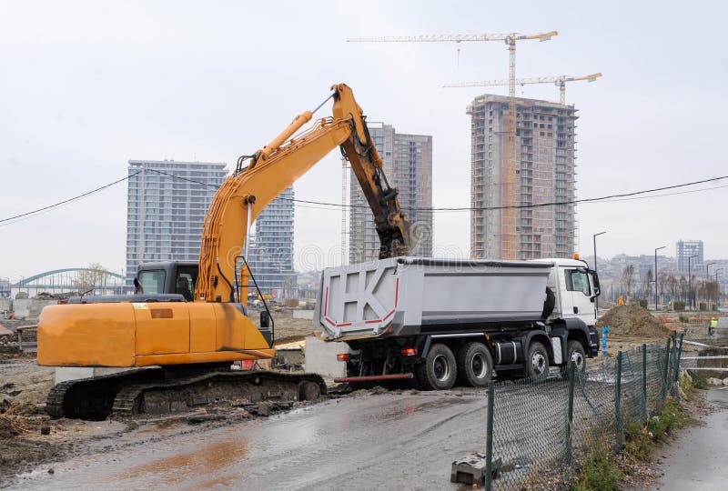 Cranes on Construction Yard Stock Image - Image of lifters, bedrock ...