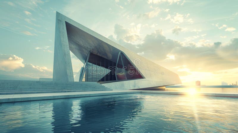 A Building with a Large Triangular Roof and Water in Front of it, AI ...