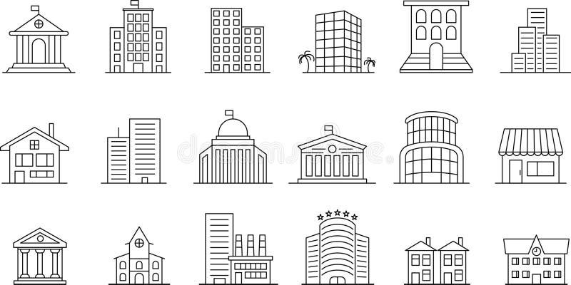 Building Line Icons Set Vector. Stock Vector - Illustration of element ...