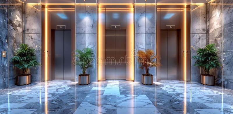 Building Lobby with Elevators, Potted Plants, and Modern Fixtures Stock ...
