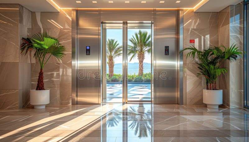 Building Lobby with Stainless Steel Elevator, Palm Trees in Background ...