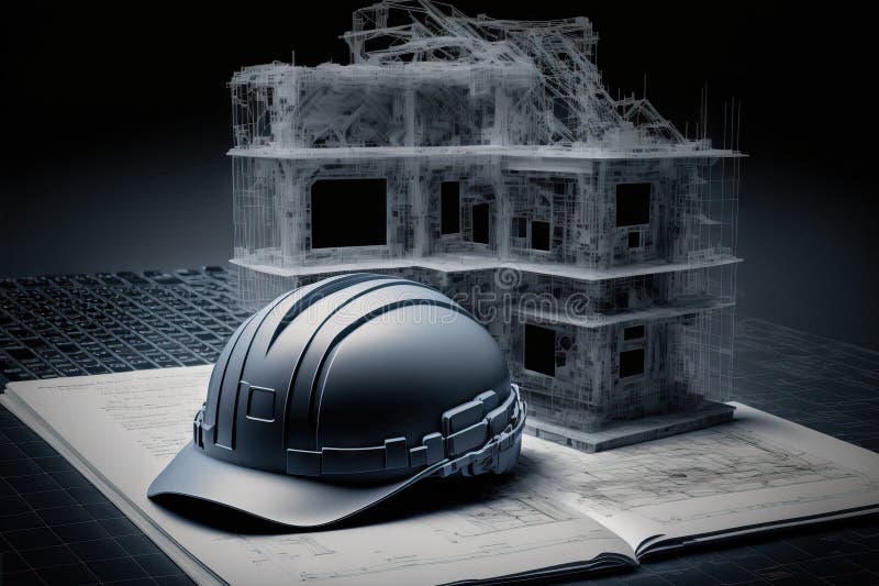 Building Location with Blueprints, Safety Helmet, and Computer Stock ...