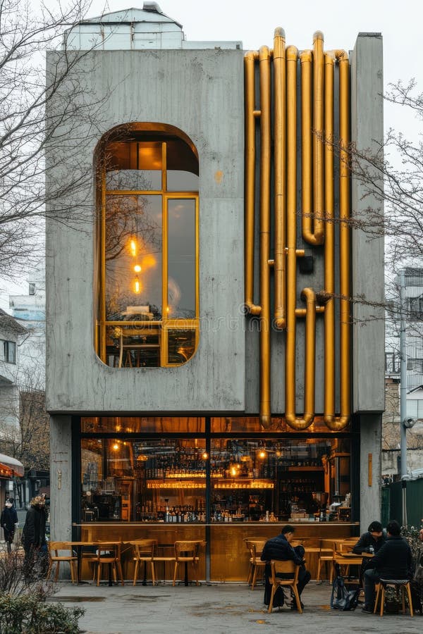 A Building with a Lot of Windows and a Gold Pipe Design on the Side ...