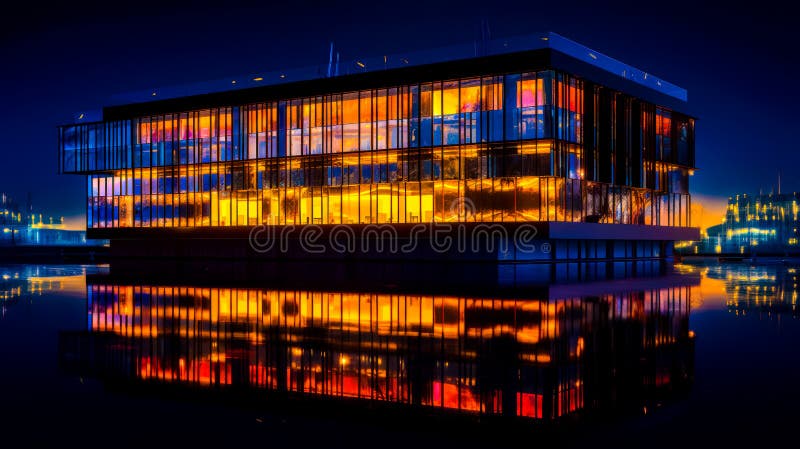 Building with Lot of Windows Lit Up at Night with Reflection in the ...