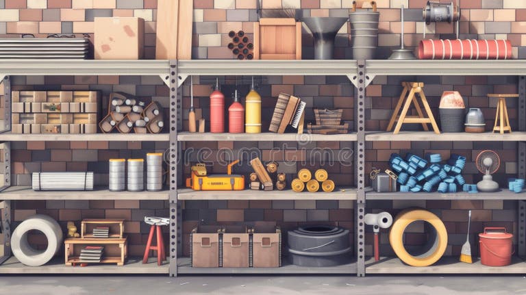 Building Material Display Showcasing Various Tools and Supplies in a Hardware Store Setting for ...