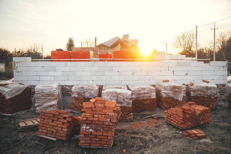 Building Materials at Construction Site. Autoclaved Aerated Blocks on ...