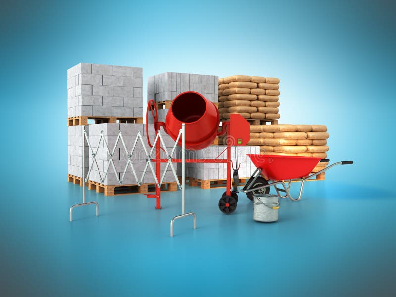 Building Materials 3d Render on a Blue Background Stock Illustration ...