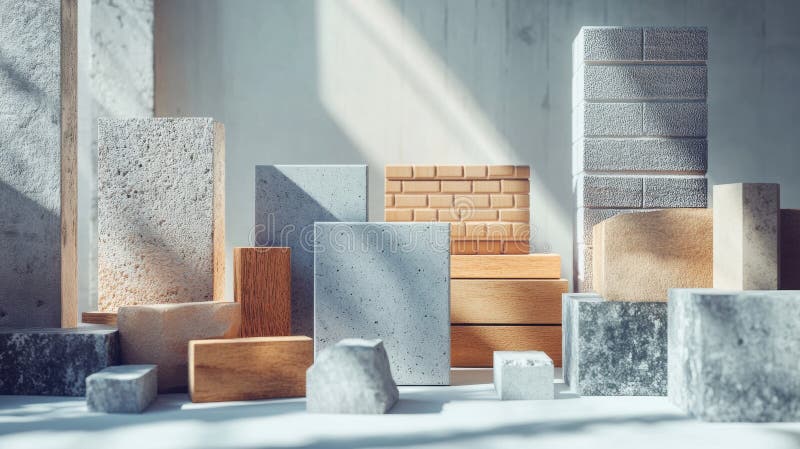 Building Materials Display Featuring Bricks, Wood, and Concrete Blocks ...