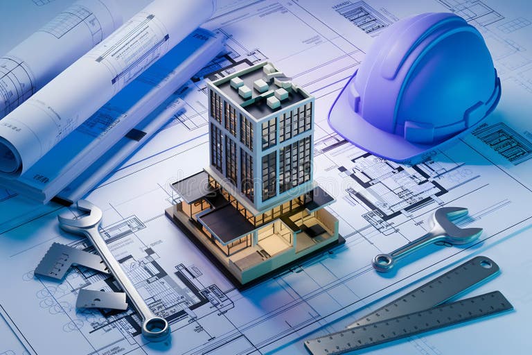 Building Model on Blueprints with Construction Tools, Soft Blue ...