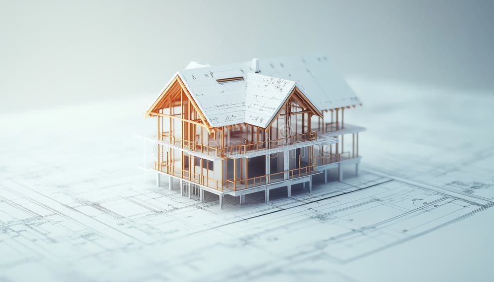 Building a Model House on Blueprints during a Construction Project in ...