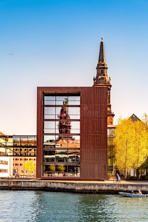 Building in Modern Architecture Style, River with Boat Editorial Stock ...