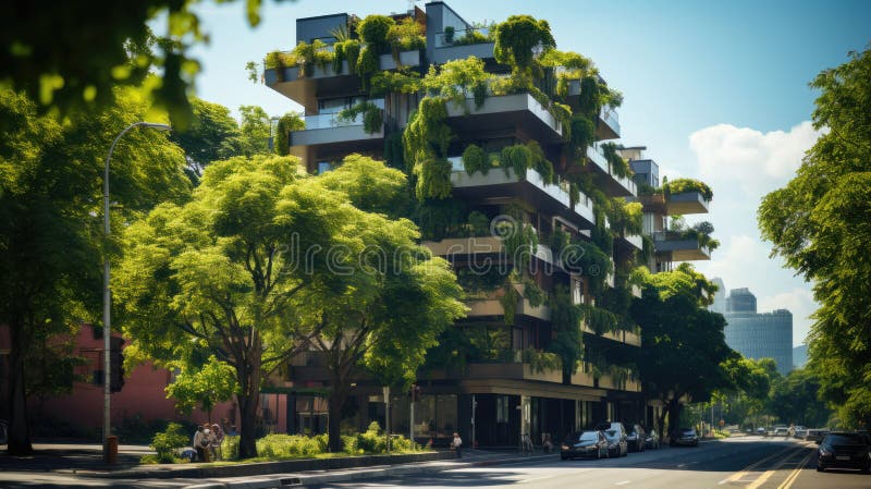 Building in the Modern City. Green Tree Stock Illustration ...