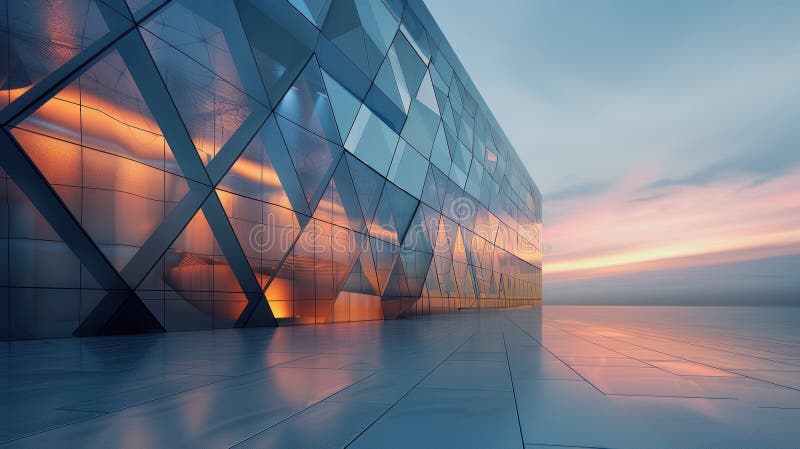 Building with Modern Geometric Glass and Metal Facade in Sunset, Smooth ...