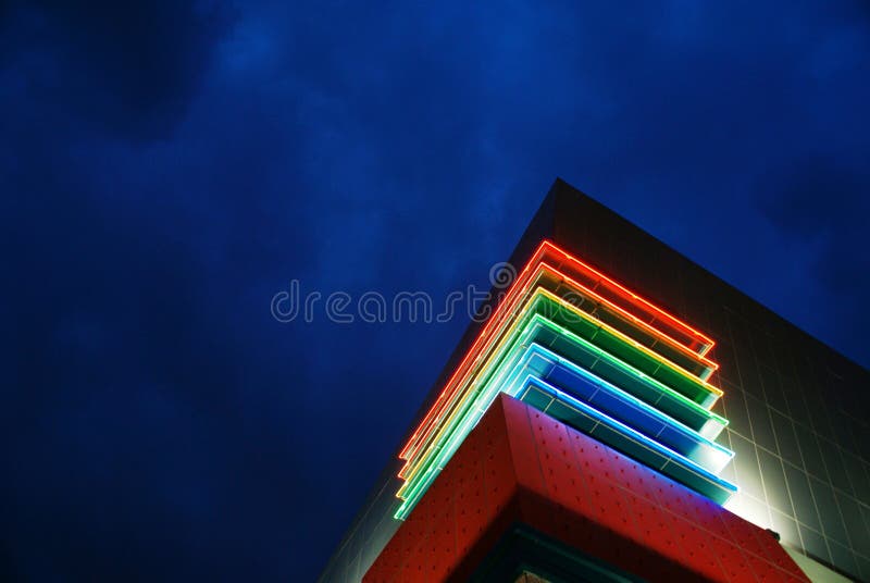 Building Neon Lights at Dusk Stock Photo - Image of fixture, lighting ...
