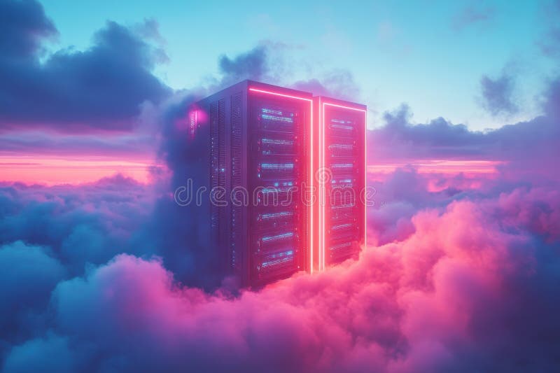 A Building with Neon Lights is Floating in the Sky Stock Image - Image ...