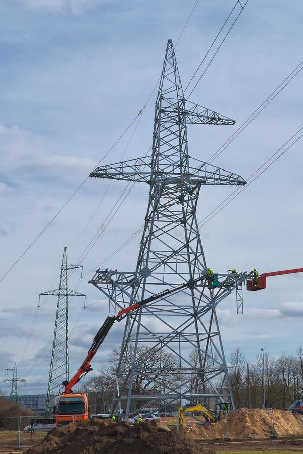 Building of a New Overhead Power Transmission Pylon. Stock Image ...