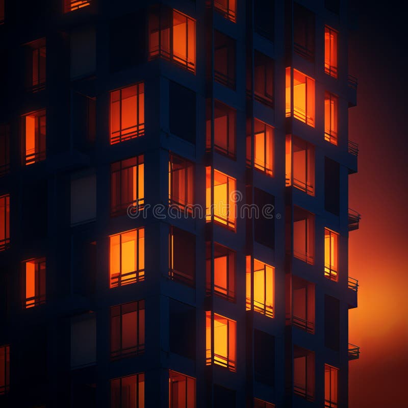 A Building with Orange Lights on it at Night Stock Illustration ...