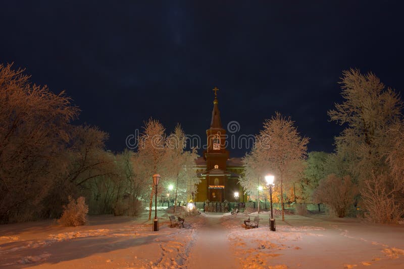 The Building of the Orthodox Church at Night Surrounded by Trees in the ...