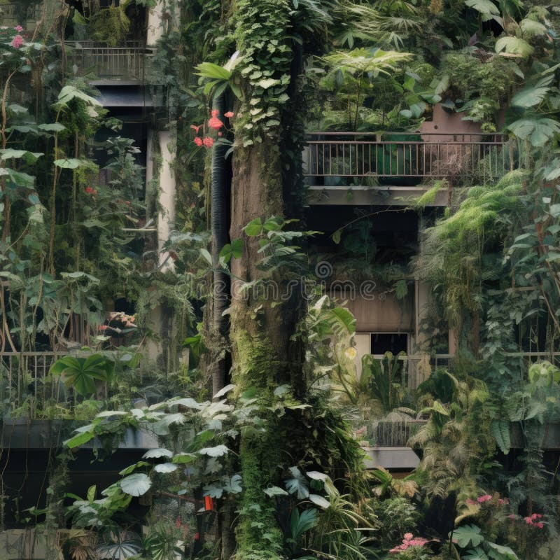 The Building is Overgrown with Plants Stock Illustration - Illustration ...