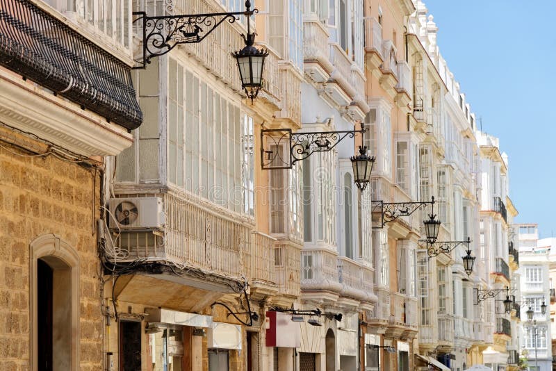 Close Up of a Building Facade with Windows in Cadiz, Andalusia, Spain ...