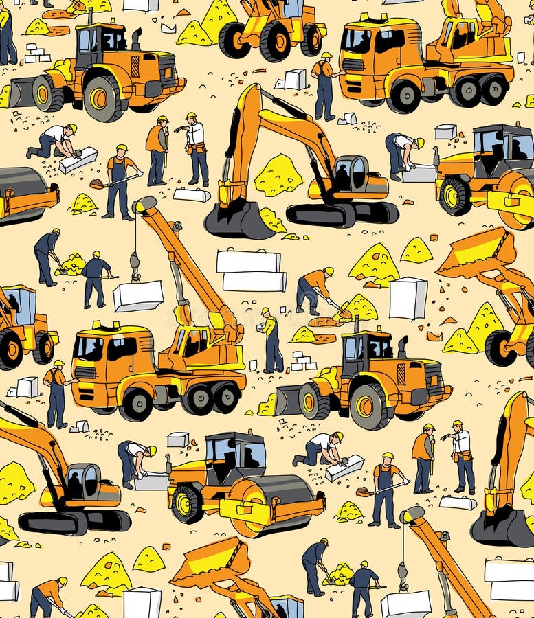 Building People and Construction Equipment Color Seamless Pattern ...