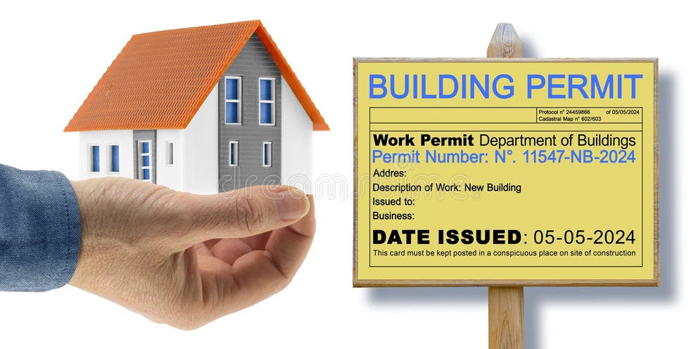 Building Permit Concept with Home Model and Placard with Imaginary Work ...