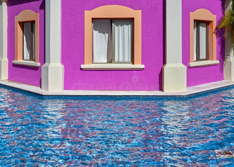 Building Pink Facade with Windows by the Pool Stock Image - Image of ...