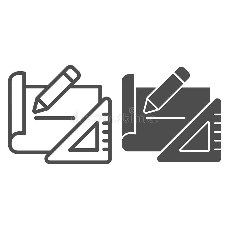 Building Plan Line Icon. Project Tools, Paper With Pencil And Ruler ...