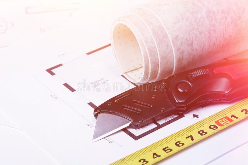 Building Plan. Linoleum and Flooring Installation Tools Stock Image ...