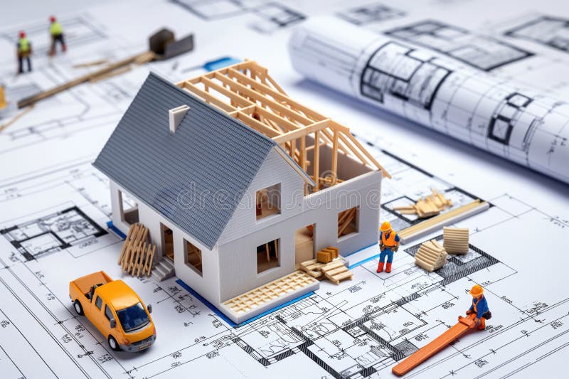 Building Plan on Paper with Workers Around Construction Site. Engineer ...